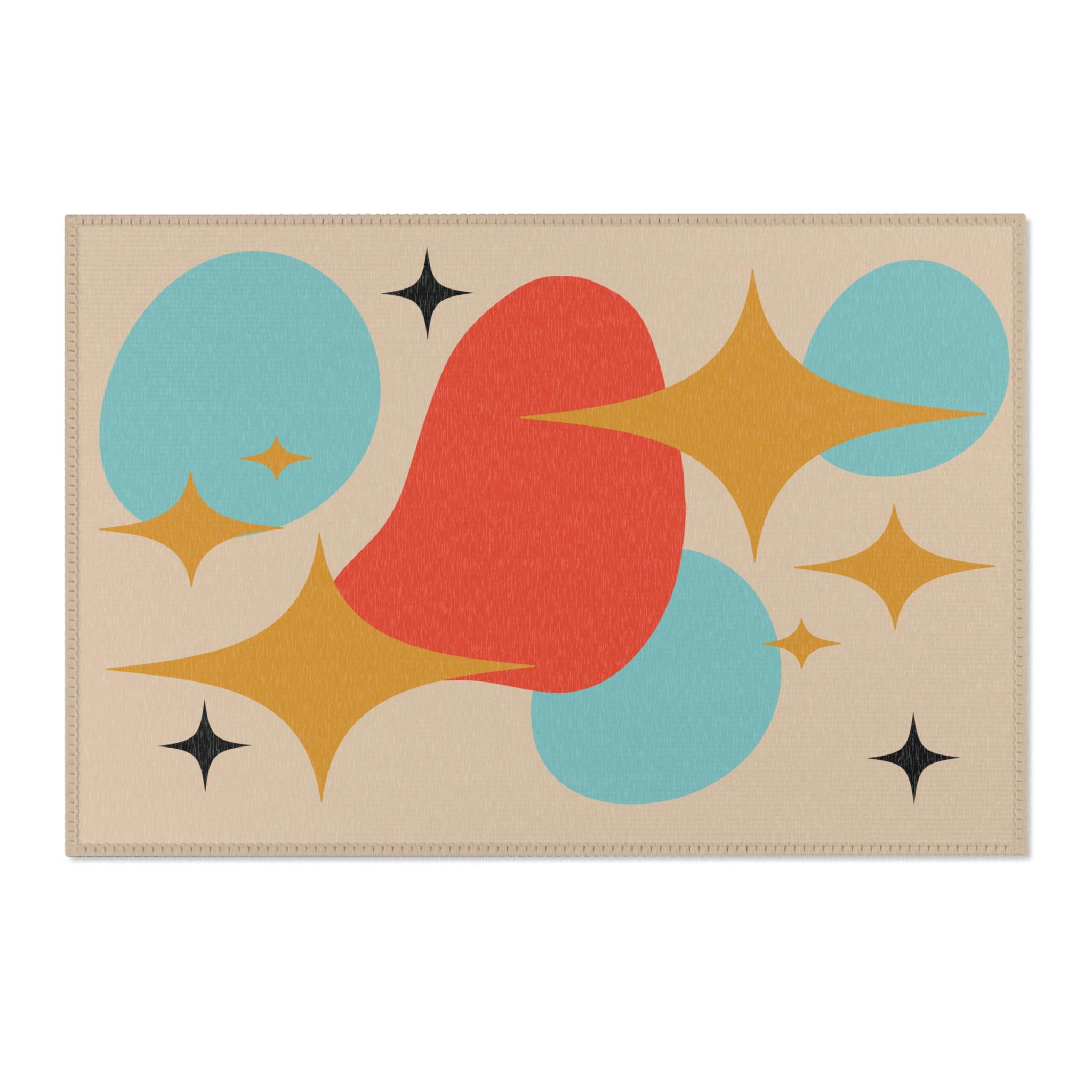 Mid Century Modern Atomic Starburst Area Rug, Beige, Teal, Geometric ...