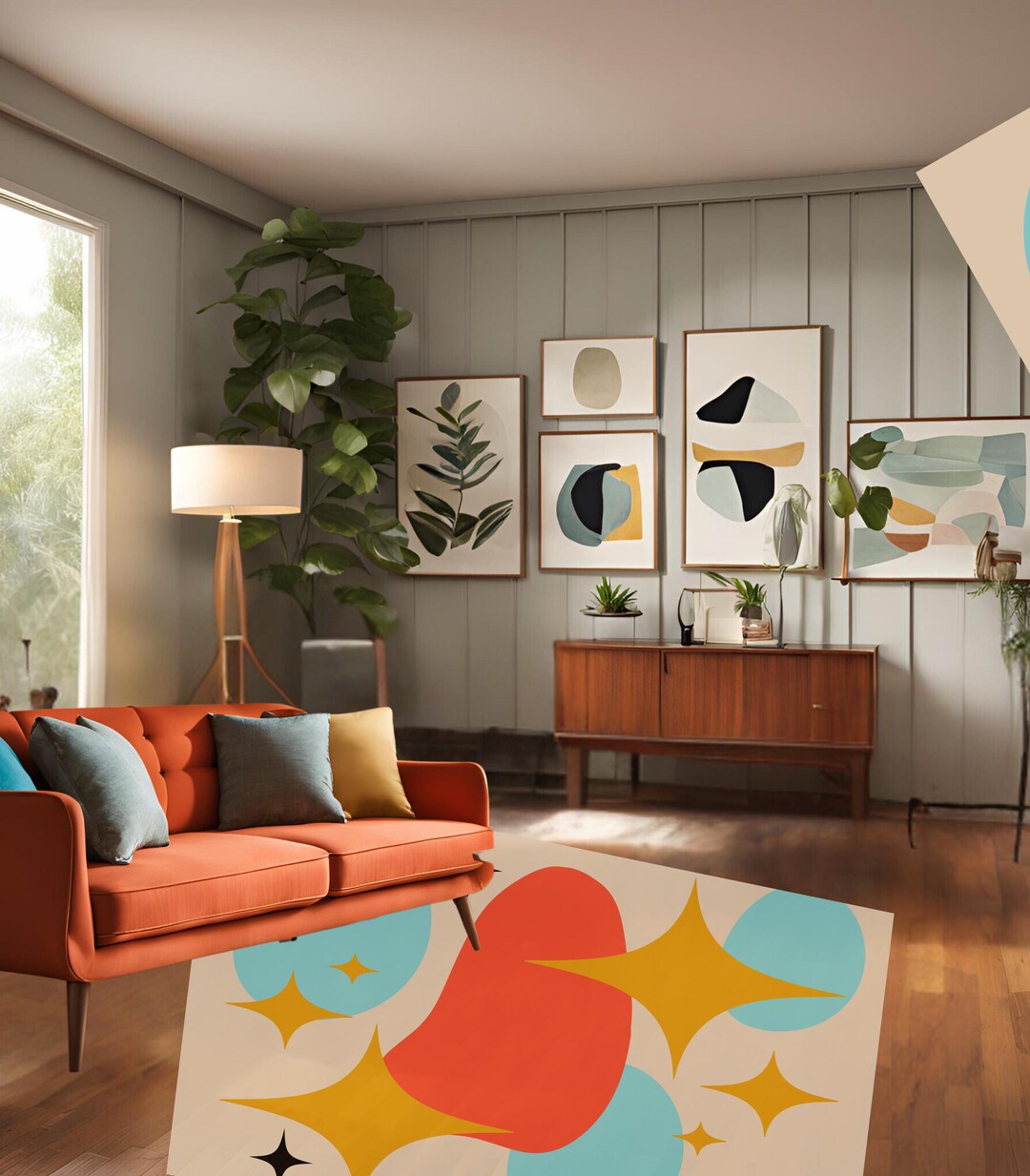 Mid Century Modern Atomic Starburst Area Rug, Beige, Teal, Geometric ...