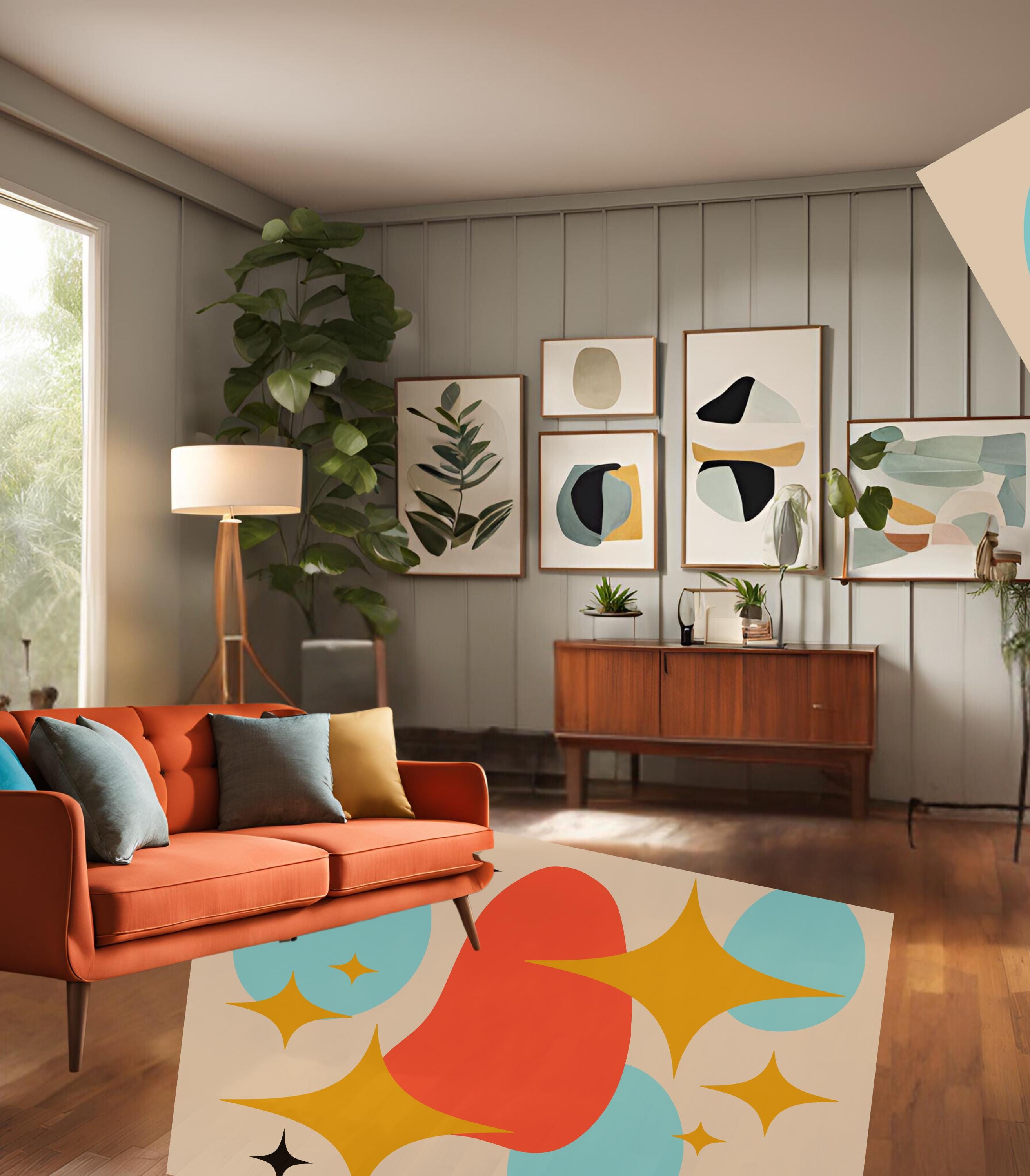 Mid Century Modern Atomic Starburst Area Rug, Beige, Teal, Geometric ...