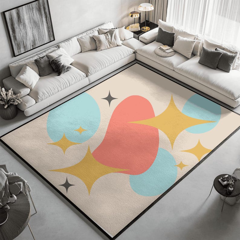 Mid Century Modern Atomic Starburst Area Rug, Beige, Teal, Geometric ...