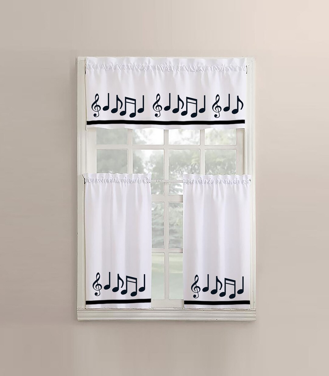 Music Musical Notes Window Valance Kitchen Cafe Curtain Tier 3 Piece ...