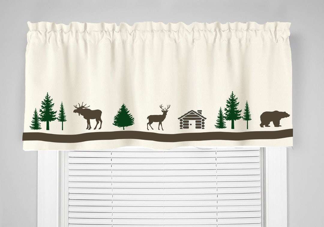 Log Cabin Forest Woods Moose Bear Deer Rustic Window Valance Kitchen ...