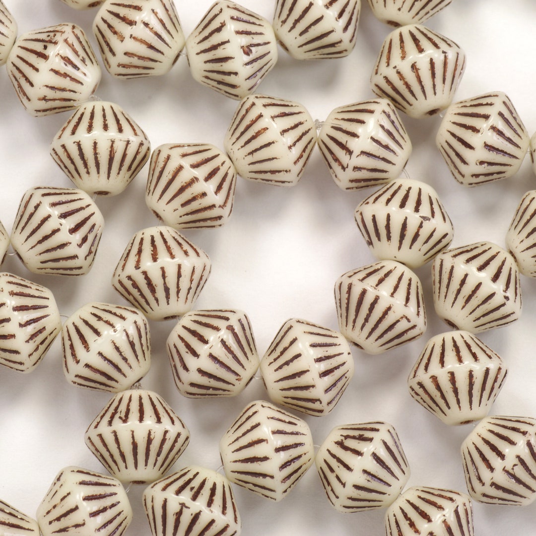 11mm Ivory Large Bicone With Dark Brown Wash Czech Glass Beads - 8 ...