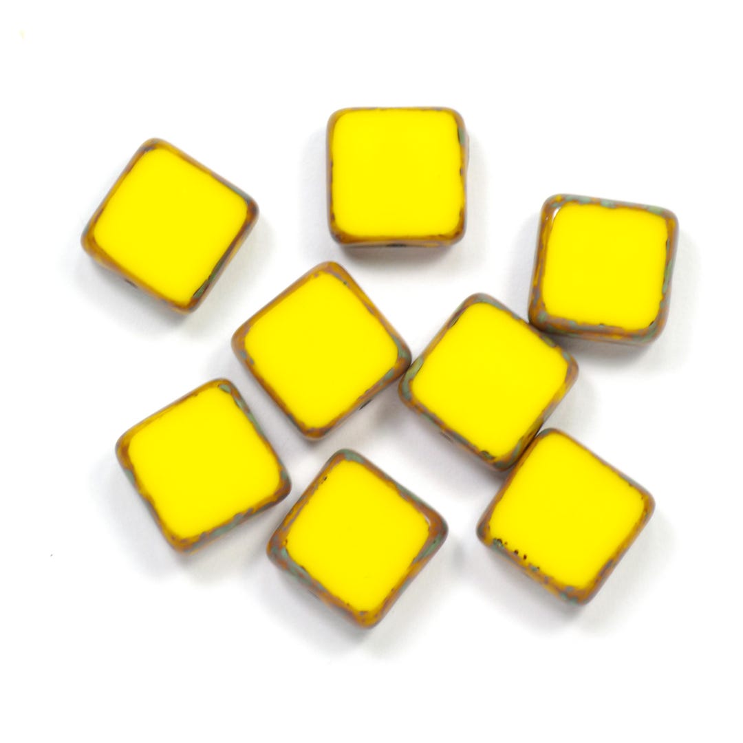 10mm Lemon Yellow Picasso Table Cut Square Czech Glass Beads - 8 Pieces ...