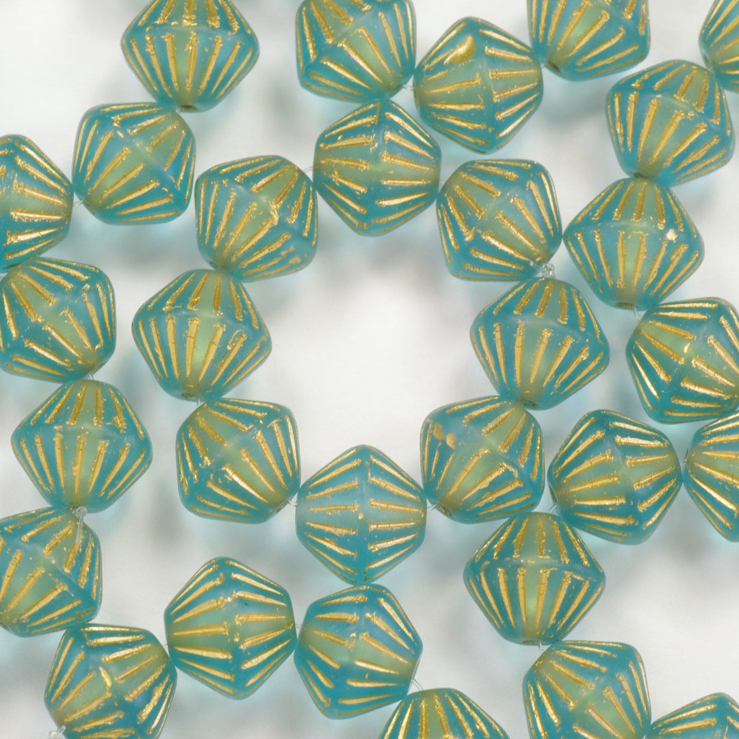 11mm Matte Aqua Large Bicone With Gold Wash Lined Czech Glass Beads - 8 ...