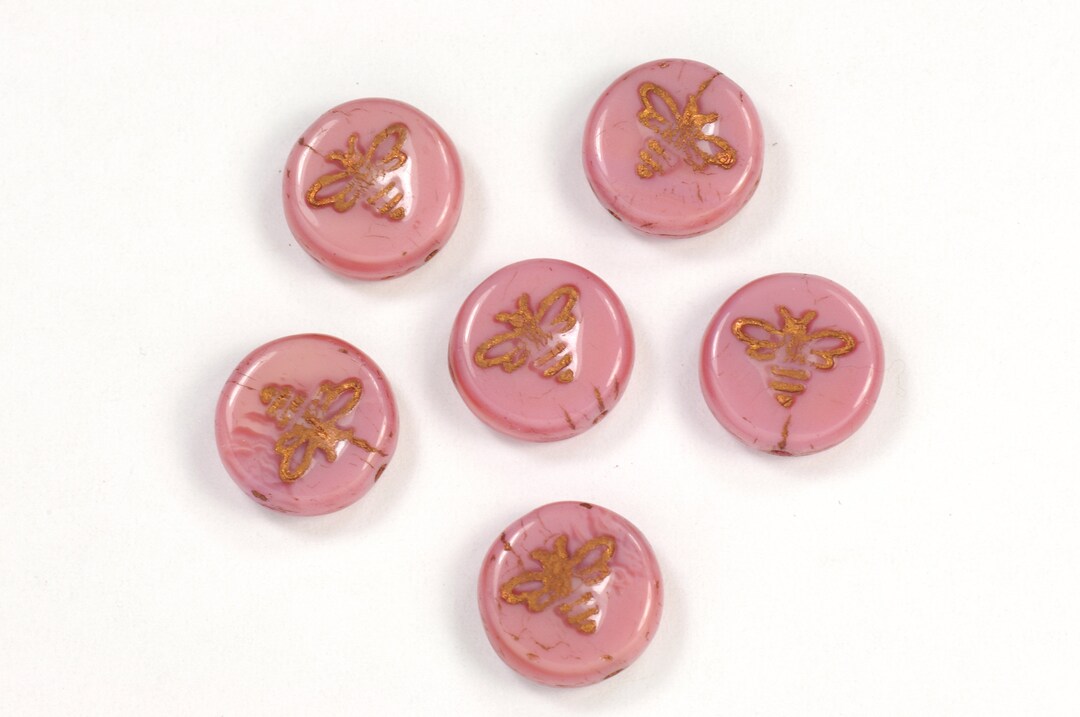 12mm Satiny Pink Bronze Bee Design Coin Czech Glass Beads - 6 Pieces - Etsy