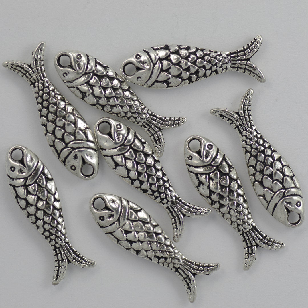 Pewter Fish Drop Pendant Beads 24mm Antiqued Silver Plated Pewter - 8 ...