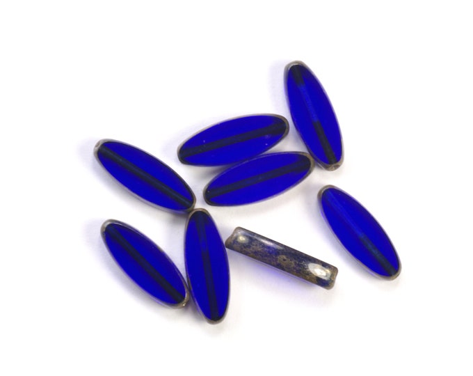 16mm Cobalt Blue Spindle Czech Glass Beads With Picasso Finish - 8 ...
