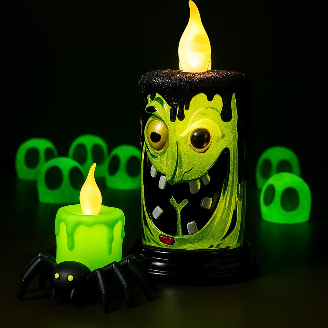 Halloween LED Candles Set – Spooky Green Flame Lights With Monster Face ...