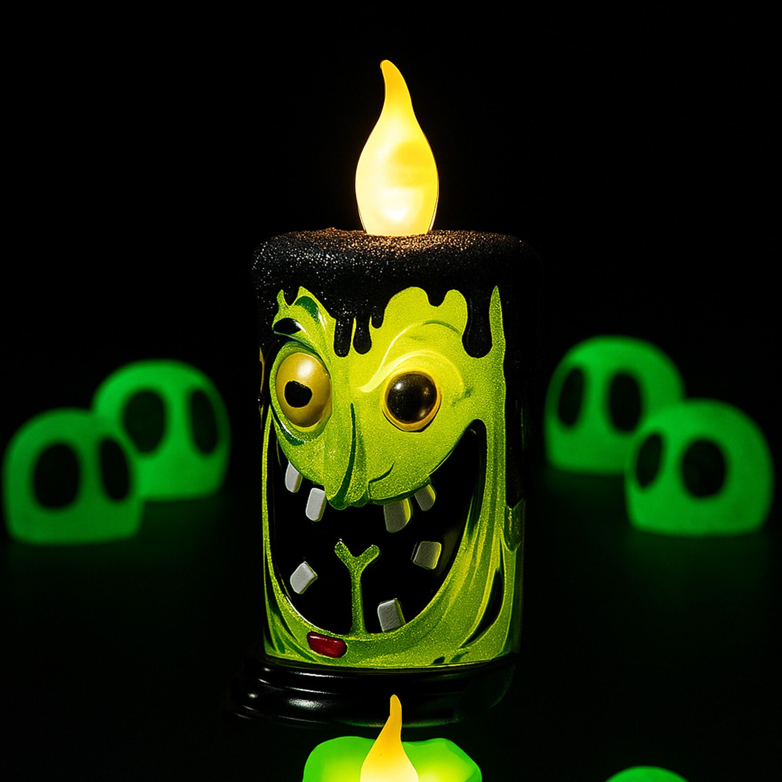 Halloween LED Candles Set – Spooky Green Flame Lights With Monster Face ...