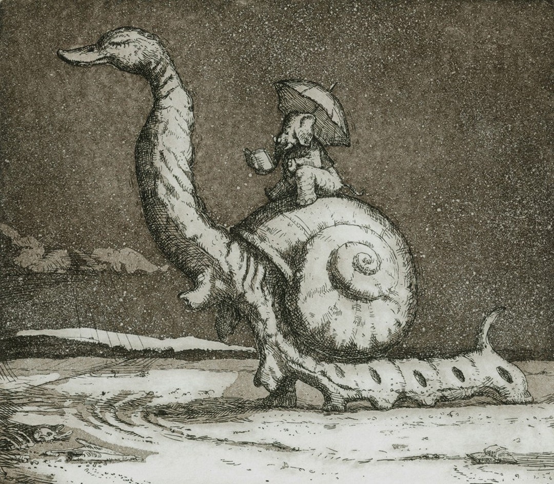 Surrealist Elephant Snail Etching - Midnight Stroll - Etsy
