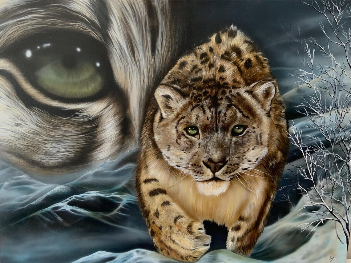 Snow Leopard Acrylic Painting Big Cat Art Animal Lover Gift Snow ...