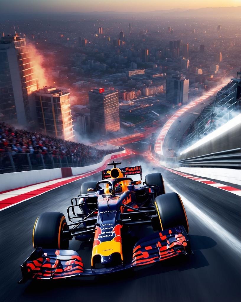 Urban Sunset Grand Prix F1 Racing Poster With City Skyline Dynamic ...