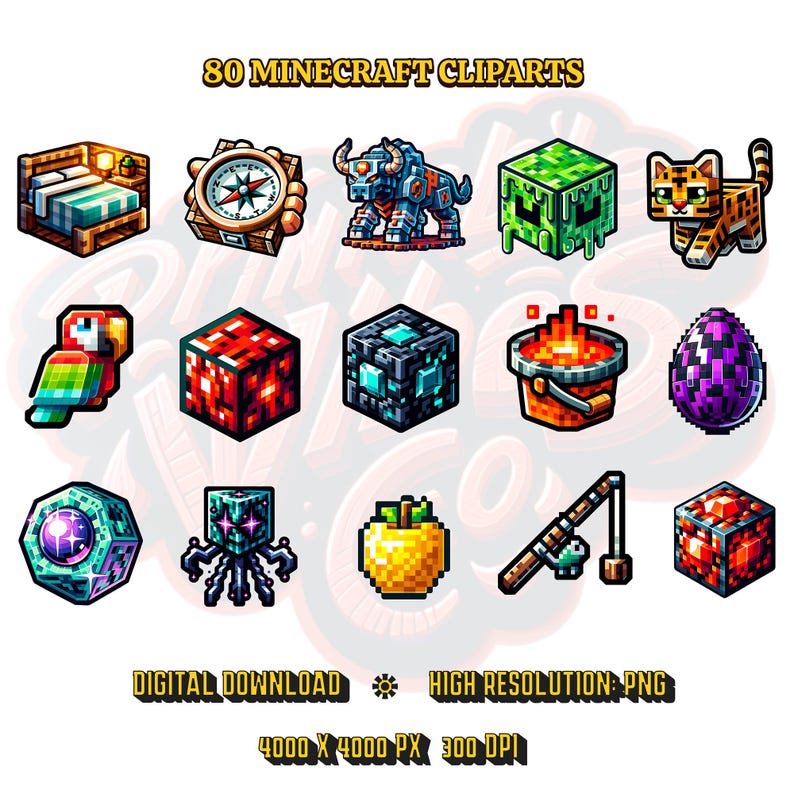 Minecraft-inspired Digital Cliparts - Printable Stickers, Icons, and ...