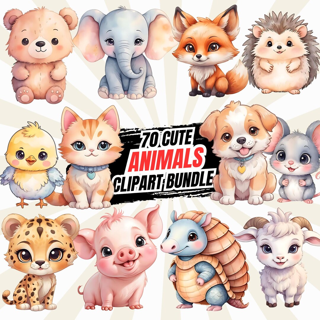Watercolor Cute Animals Clipart | Cute Kawaii Animal Bundle | Nursery ...