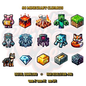 Minecraft-inspired Digital Cliparts - Printable Stickers, Icons, and ...