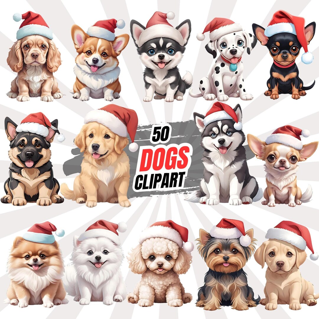 Christmas Dogs Clipart | Cute Dogs Santa Hat | Watercolor Puppy Clipart ...