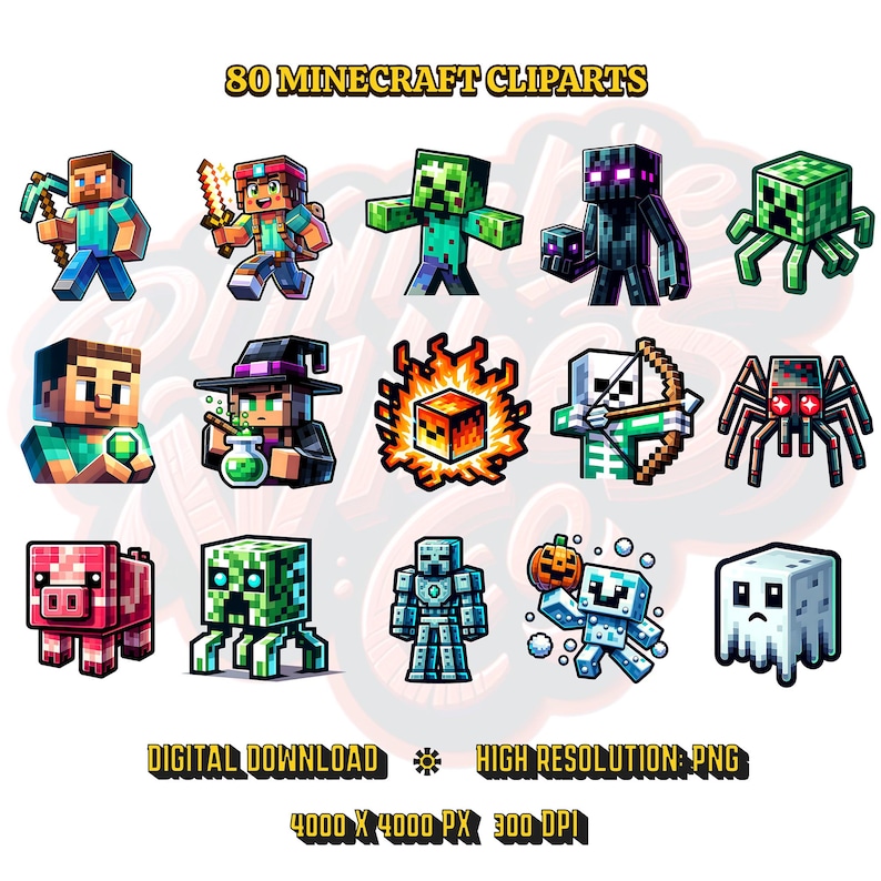 Minecraft-inspired Digital Cliparts - Printable Stickers, Icons, and ...