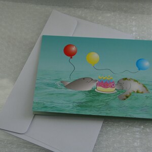 Dolphin and Manatee Happy Birthday Card W/ Cake Floating in Water and ...