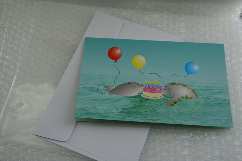 Dolphin and Manatee Happy Birthday Card W/ Cake Floating in Water and ...