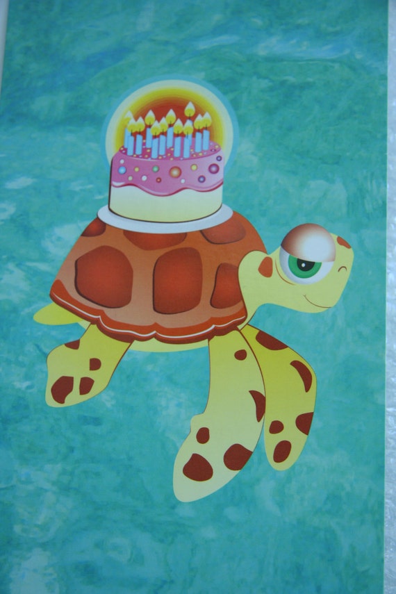Sea Turtle Happy Birthday Card w/ cake on top of shell | Etsy