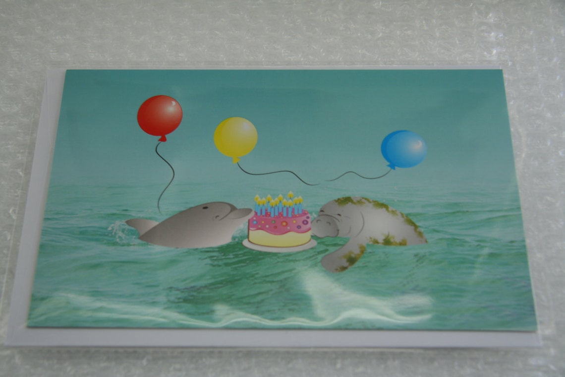 Dolphin and Manatee Happy Birthday Card W/ Cake Floating in Water and ...