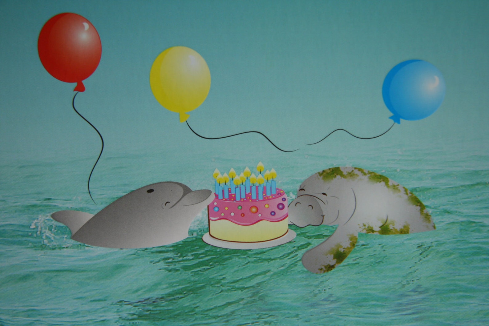 Dolphin and Manatee Happy Birthday Card W/ Cake Floating in Water and ...