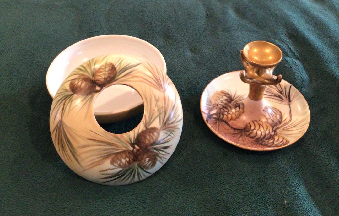 Pair of MCM Hand Painted Rosenthal Vanity Pine Cone Jewelry Dish and ...