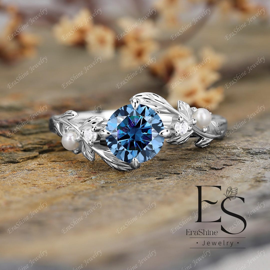 Blue Grey Moissanite Ring Handmade Nature Inspired 925 Sterling Silver ...