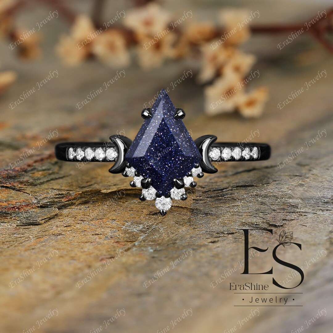 Kite Cut Blue Sandstone Ring Engagement Ring 18K Black Solid Gold Ring ...