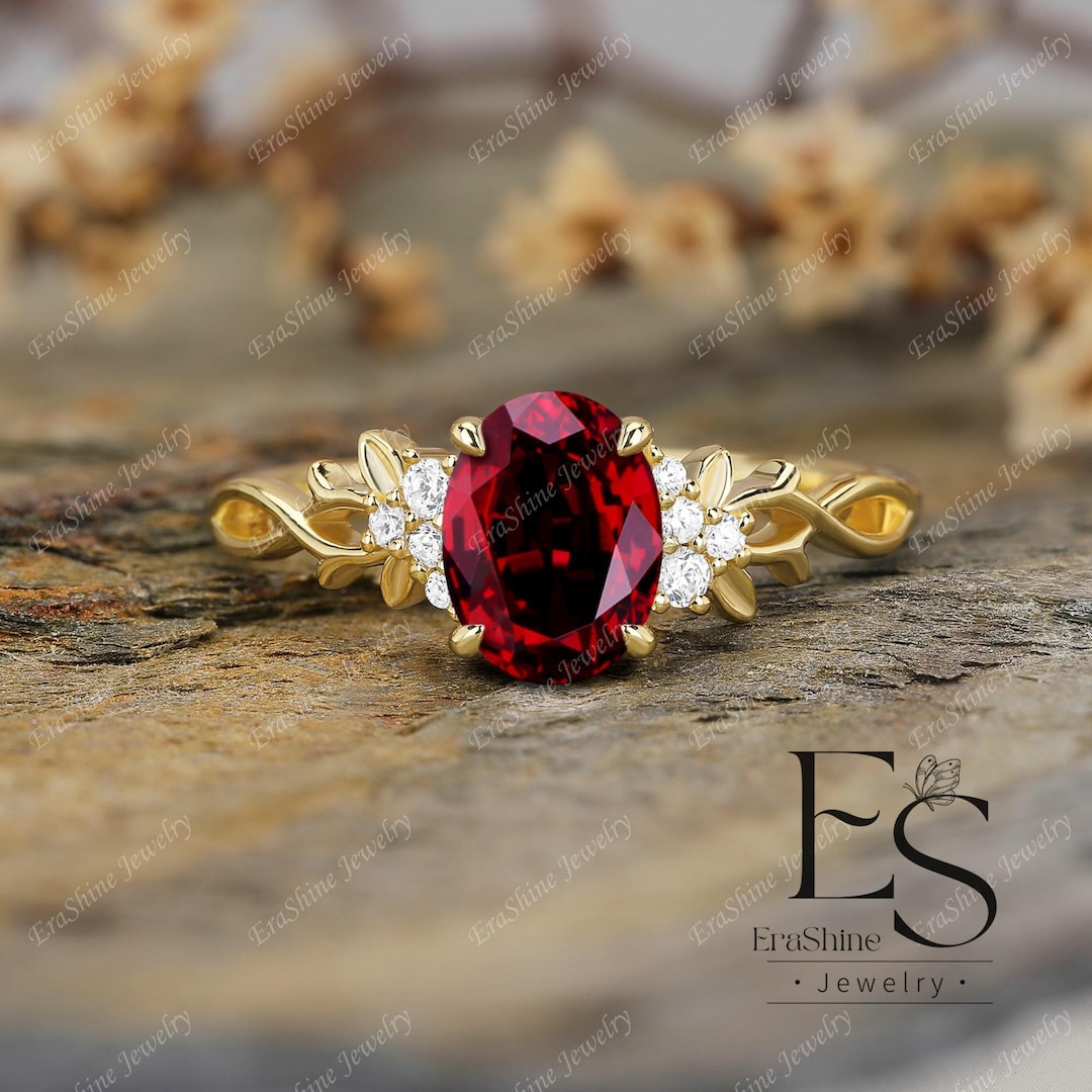 Ruby Ring Leaf Engagement Ring Nature Inspired Ring 18K Yellow Gold Ring Handmade Branch Oval ...