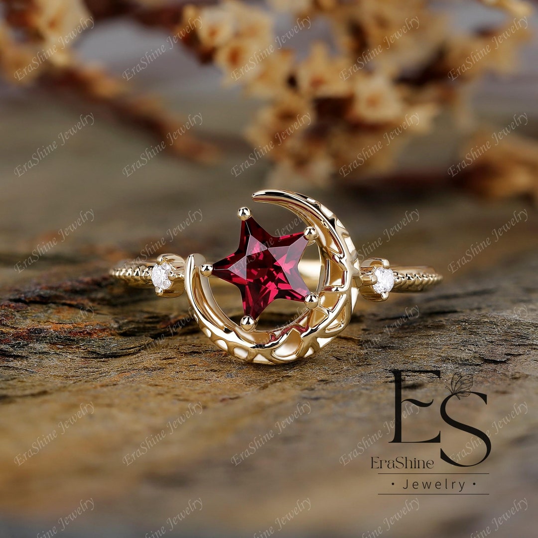 Natural Garnet Ring Star Moon Ring 18K Solid Gold Promise Ring Vintage ...