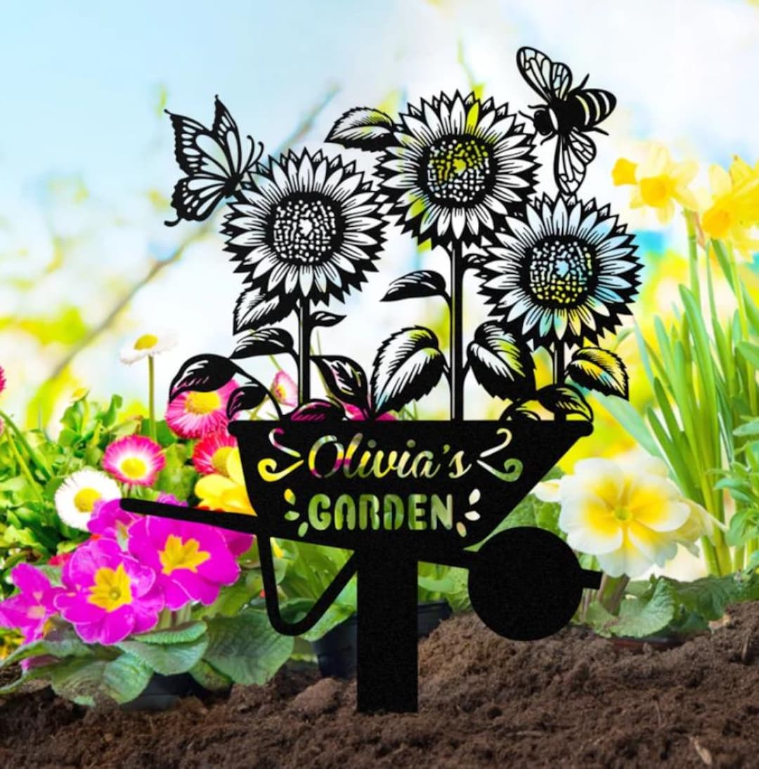 Personalized Sunflower Metal Garden Stake, Custom Garden Name Sign ...