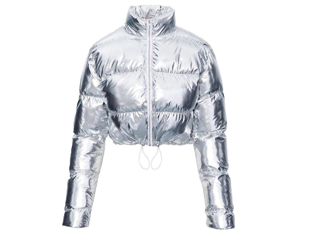 Jacket Puffer Metallic Cropped Silver Women's - Etsy