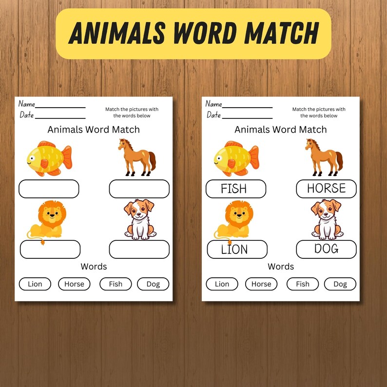 Animal Name Matching Game for Kids Educational Digital Activity ...