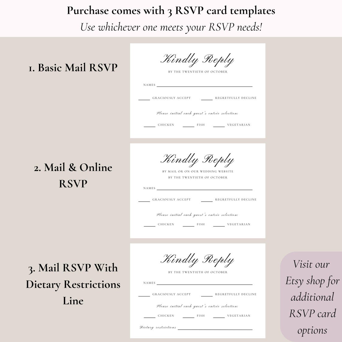 Elegant Wedding RSVP Card Templates With Meal Choice [ 5x3.5 Response ...