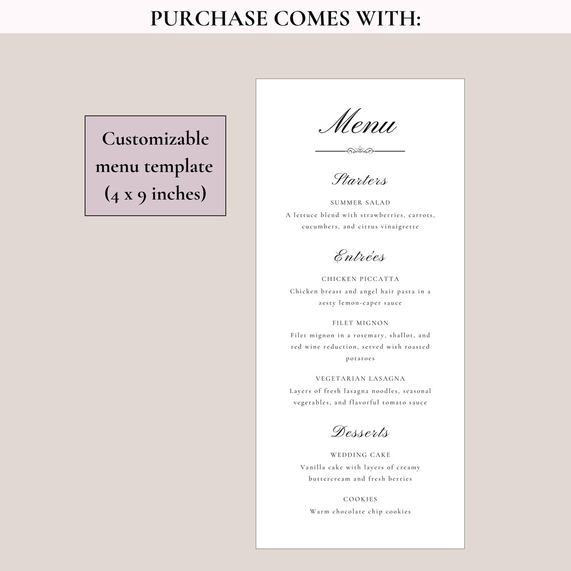 Elegant Wedding Menu Template [ 4x9 Classic Wedding Menu - Editable ...
