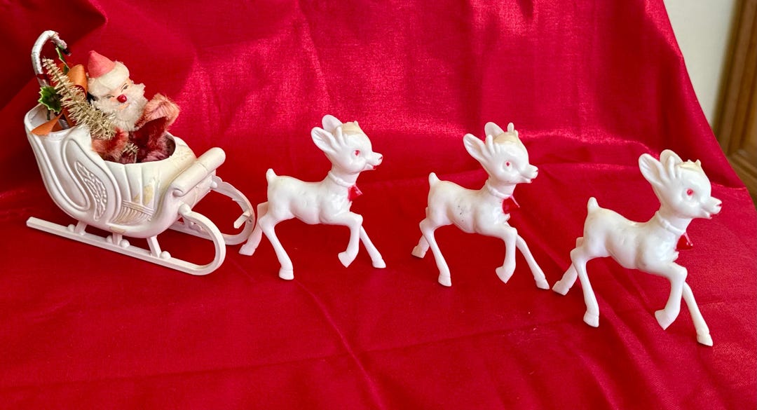 Vintage Pixie Santa With Sleigh, Candy Cane, and Three Irwin Reindeer ...