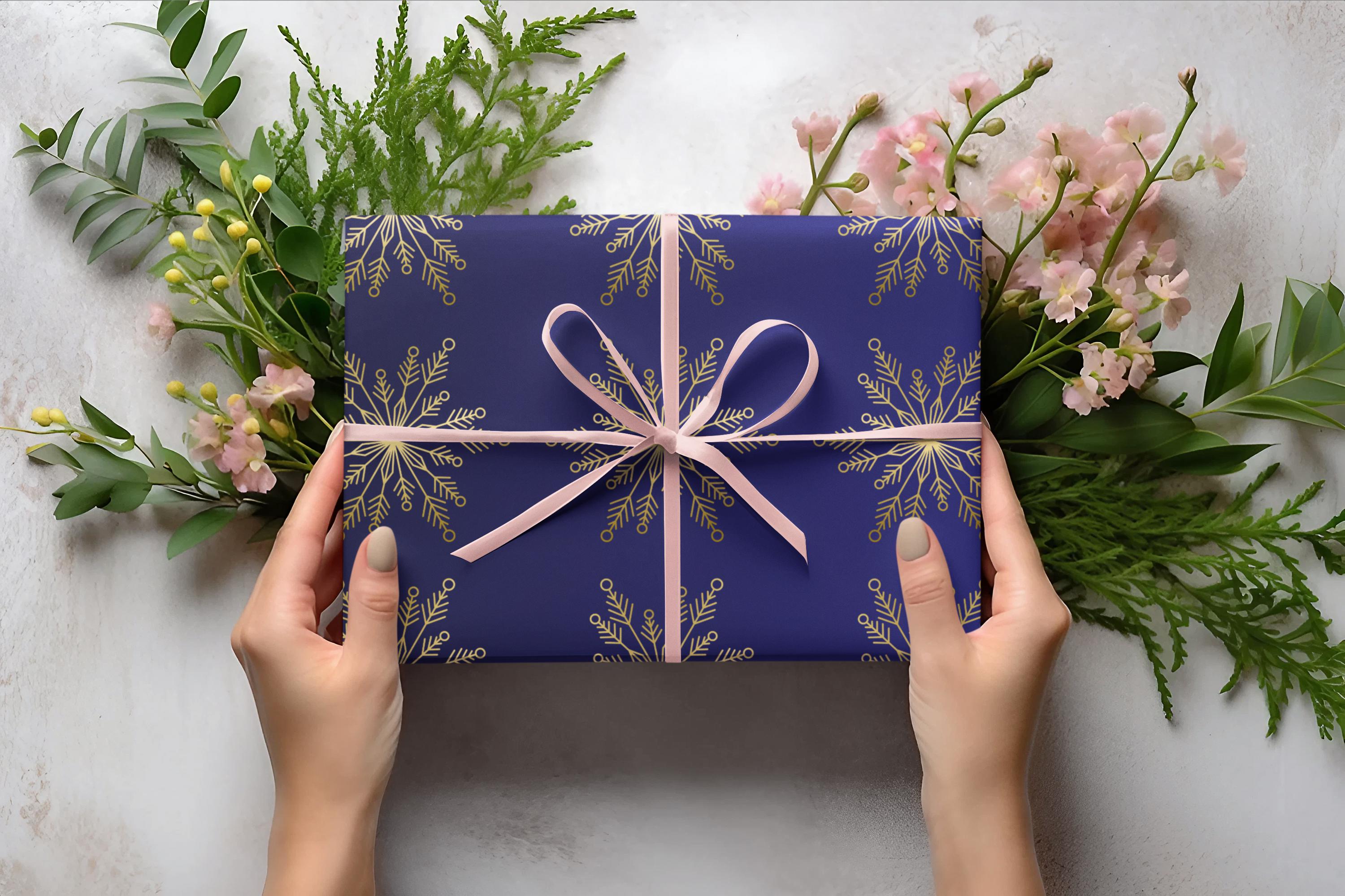 Gift Wrap Paper Luxury Navy Blue Gold Sparkling Snowflake Cozy Season ...