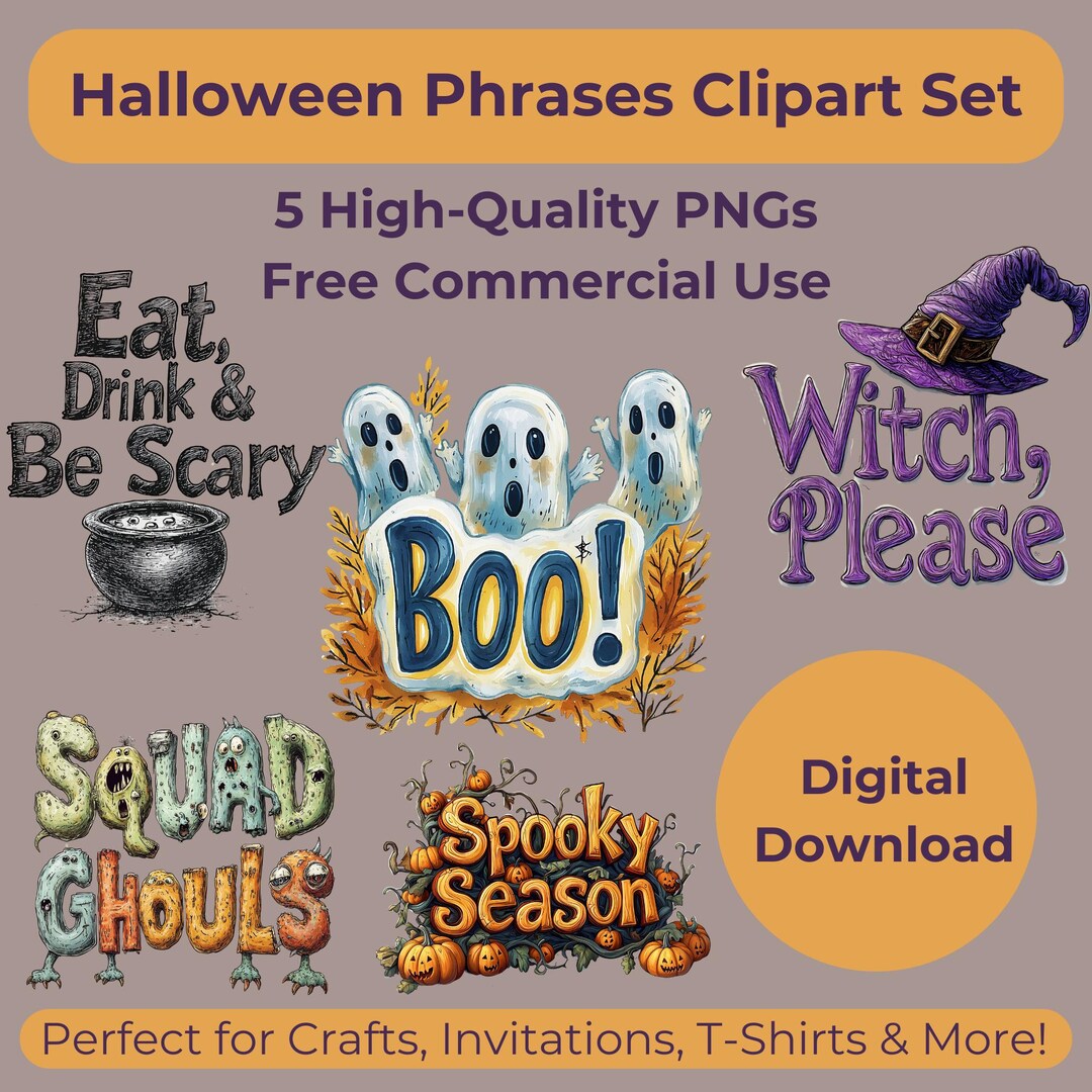 Spooky Halloween Phrases Clipart Bundle 5 PNG Files Digital Download ...