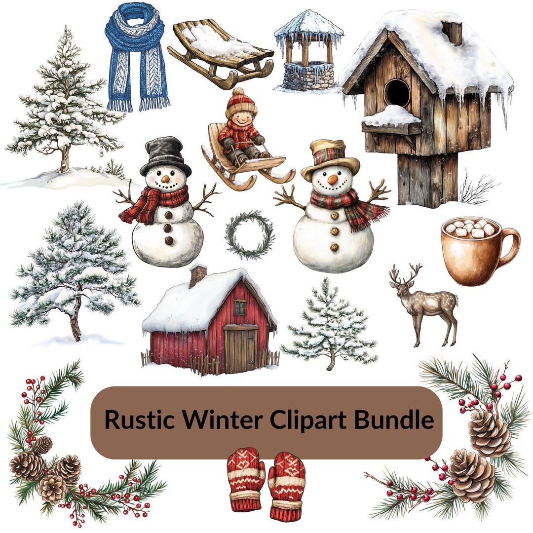 Rustic Winter Clipart Bundle, PNG Files, Watercolor Christmas Graphics ...