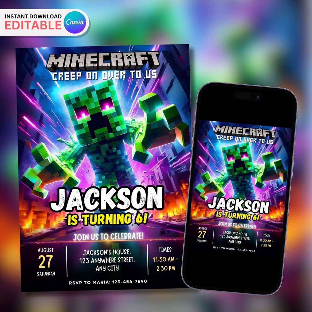 Minecraft Creeper Birthday Invitation, Editable Minecrafter Invitation ...