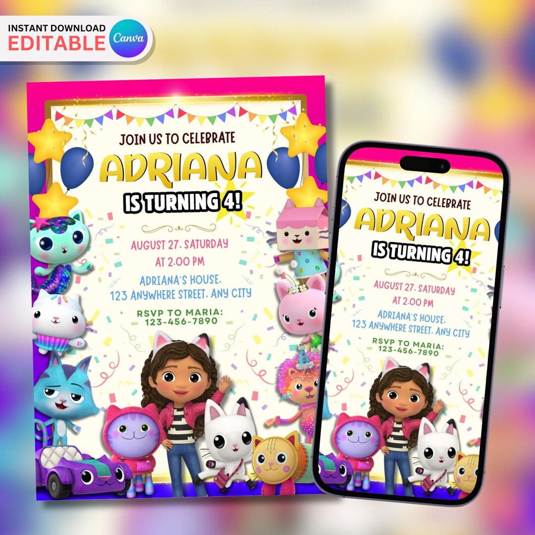 Gabbys Dollhouse Birthday Invitation, Gabby's Kids Party Invite, Pandy ...