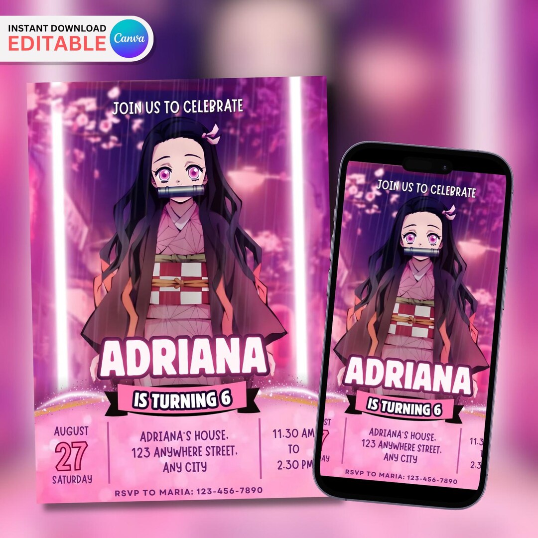 Nezuko Birthday Invitation, Demon Slayer Birthday Invitation, Nezuko ...