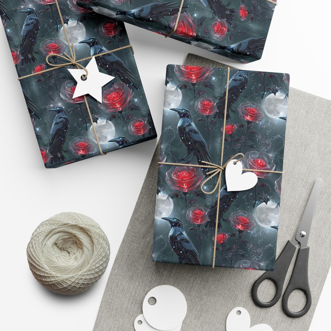 Sci-fi Gothic Black Crows Wrapping Paper, Crows & Roses Gift Wrap, Goth ...