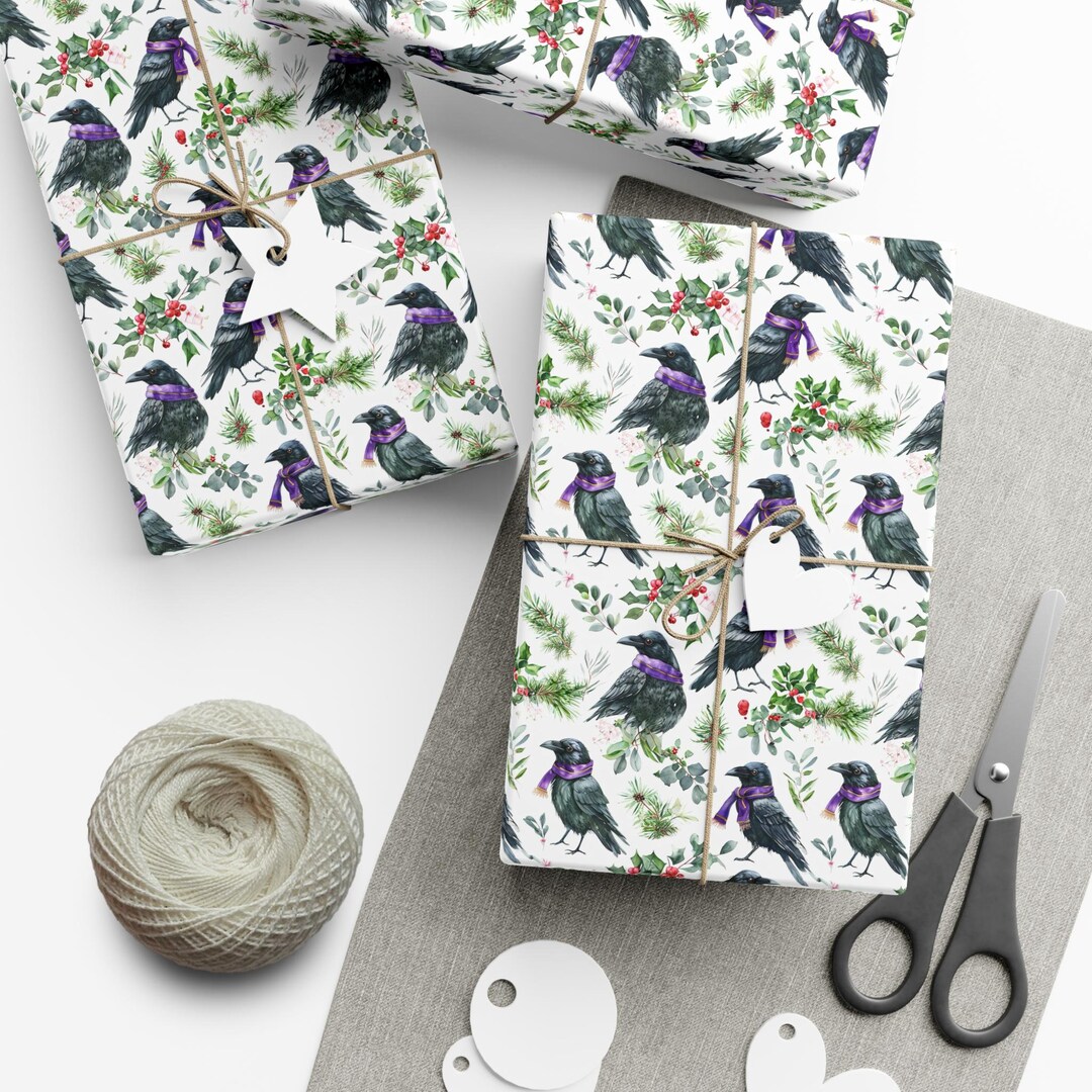 Whimsical Black Crows Christmas Gift Wrap, Elegant Watercolor Black ...