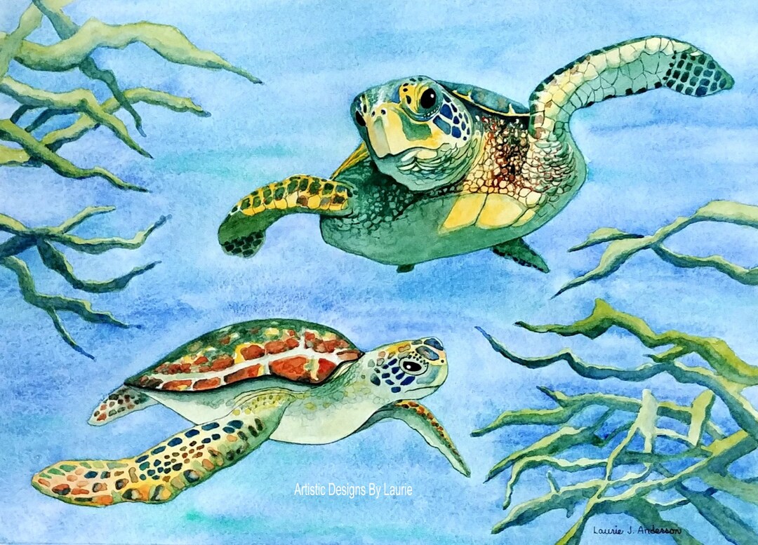 Art Print Sea Turtles Loggerhead, Ocean Turtles, 8x10 With Mat - Etsy