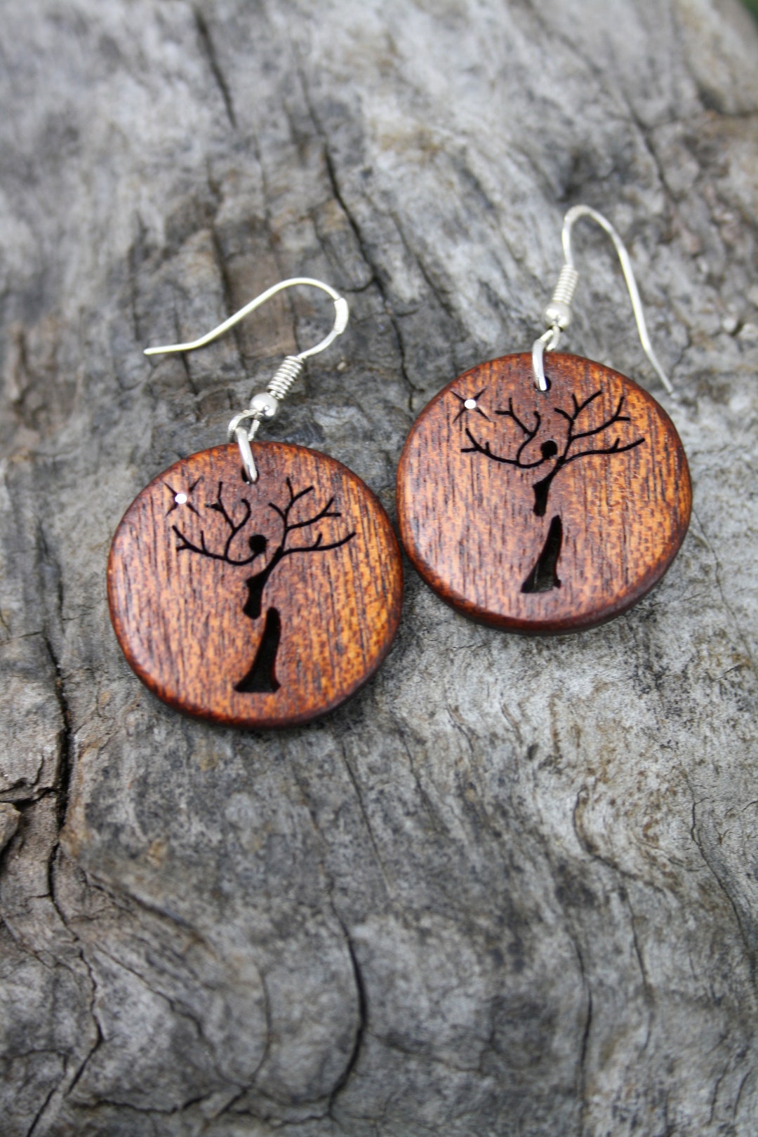 Hand-carved Tree Goddess Earrings, Unique Mahogany Woman Tree Yggdrasil ...