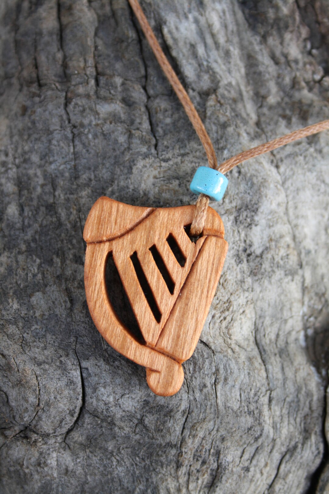 Wooden Irish Harp Pendant, Hand-carved Cherry Wood Celtic Harp Necklace ...