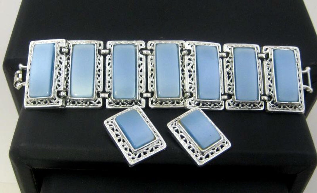 Vintage Chunky Bracelet Earrings Set Signed PAM Blue Thermoplastic ...